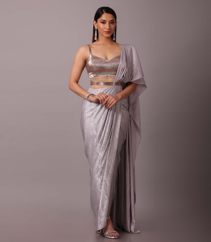 Silver Shimmer Draped Saree Set – Dishapatil